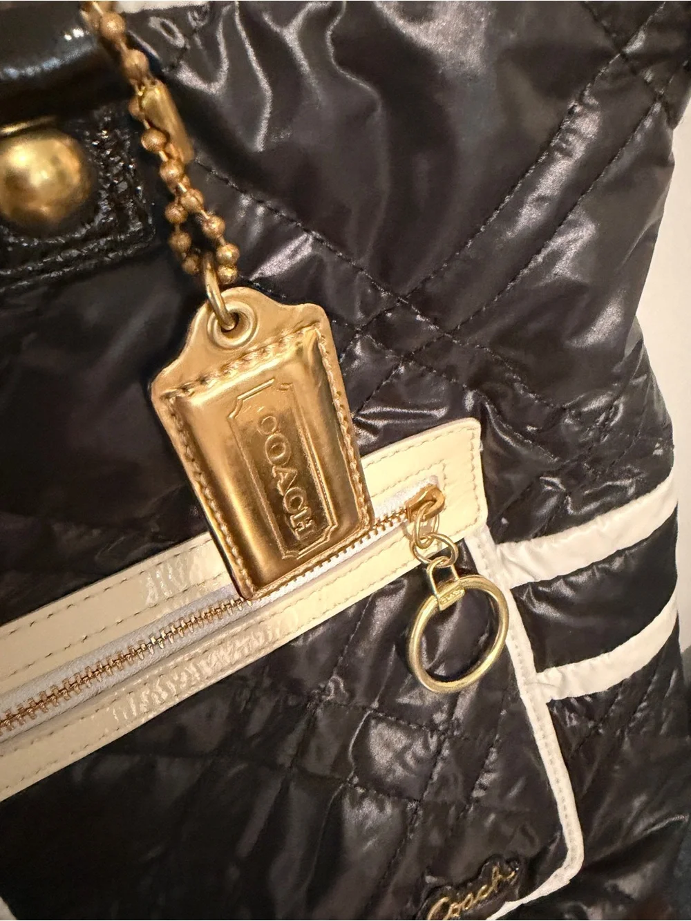 Coach | Bags | Coach Black Quilted Tote With Cream Trim And Gold ...